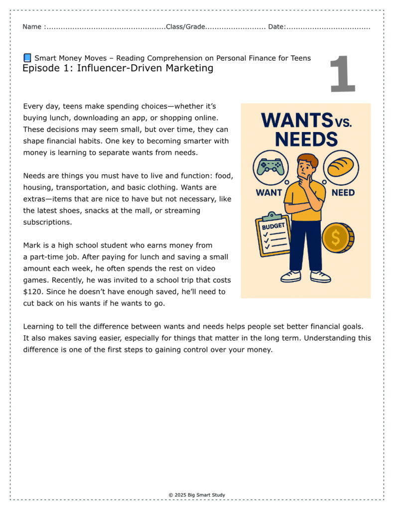 Personal Finance Reading Comprehension for Teens – Smart Money Choices ...