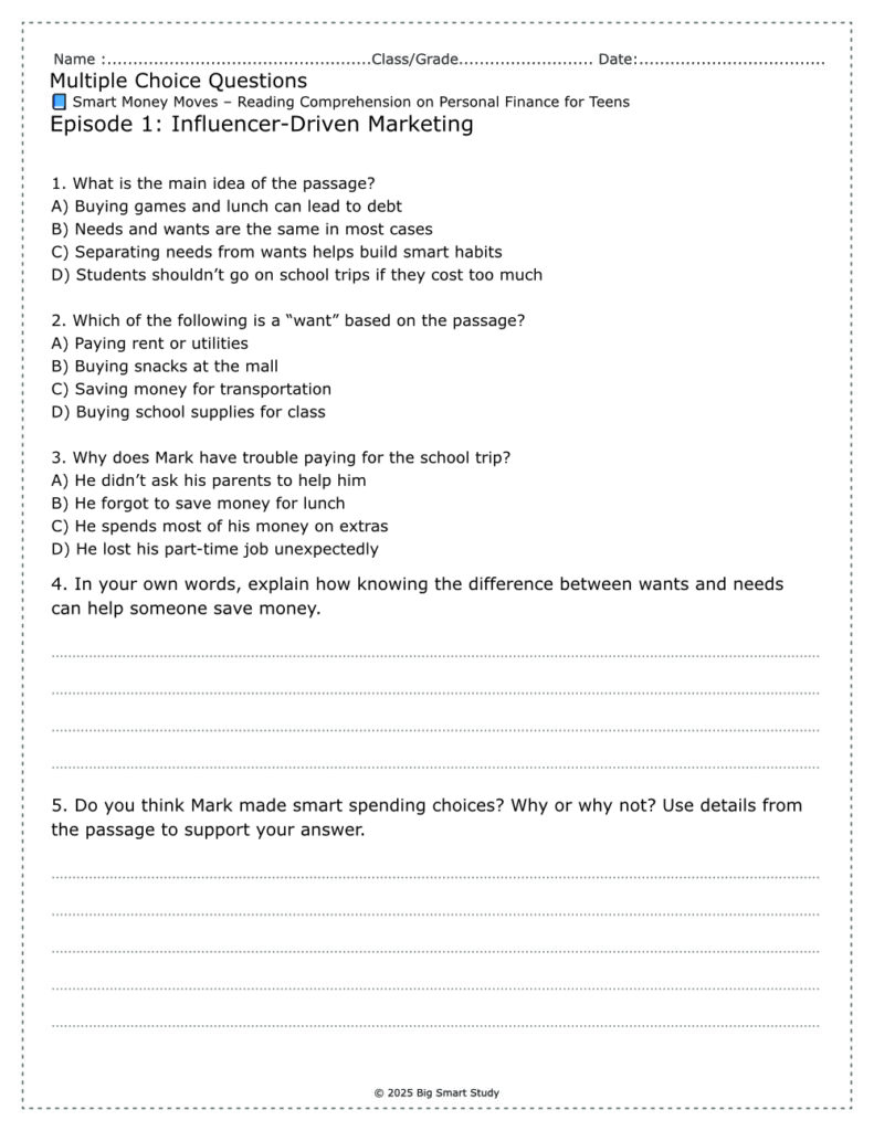 Personal Finance Reading Comprehension for Teens – Smart Money Choices ...