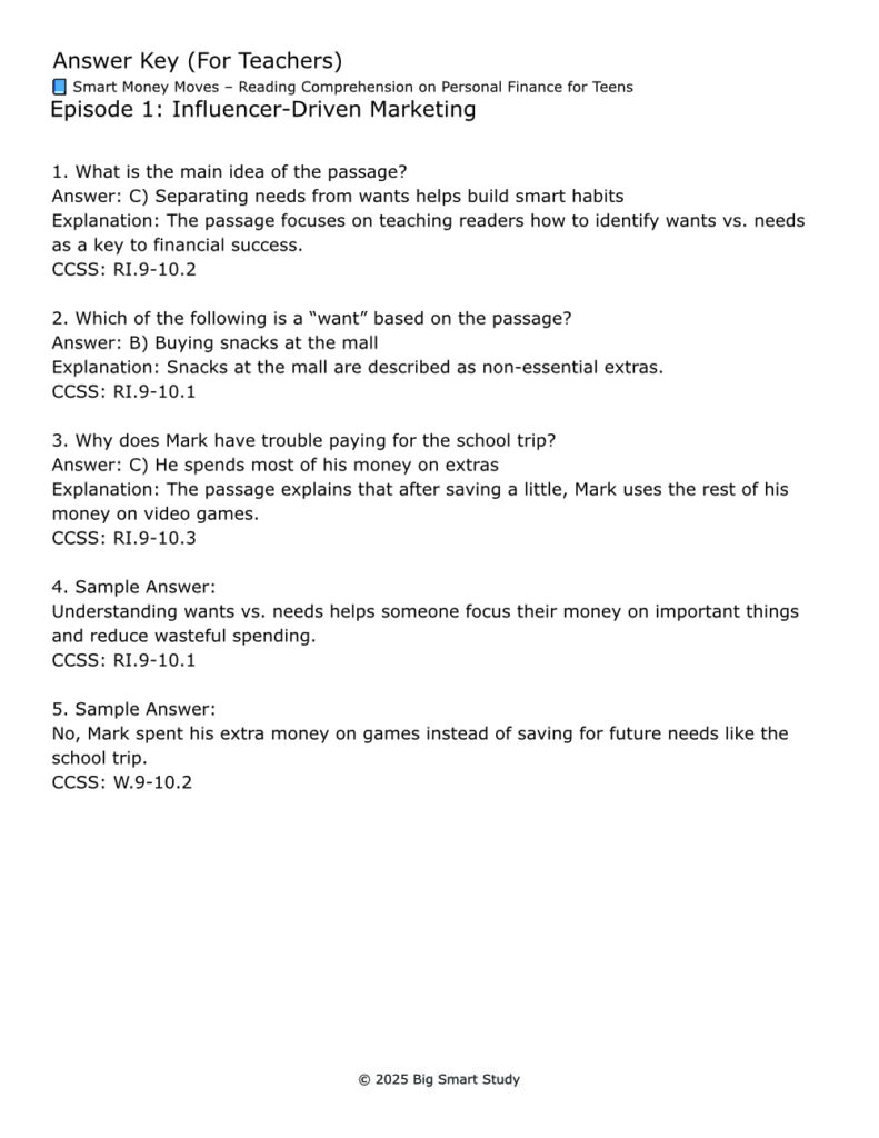 Personal Finance Reading Comprehension for Teens – Smart Money Choices ...