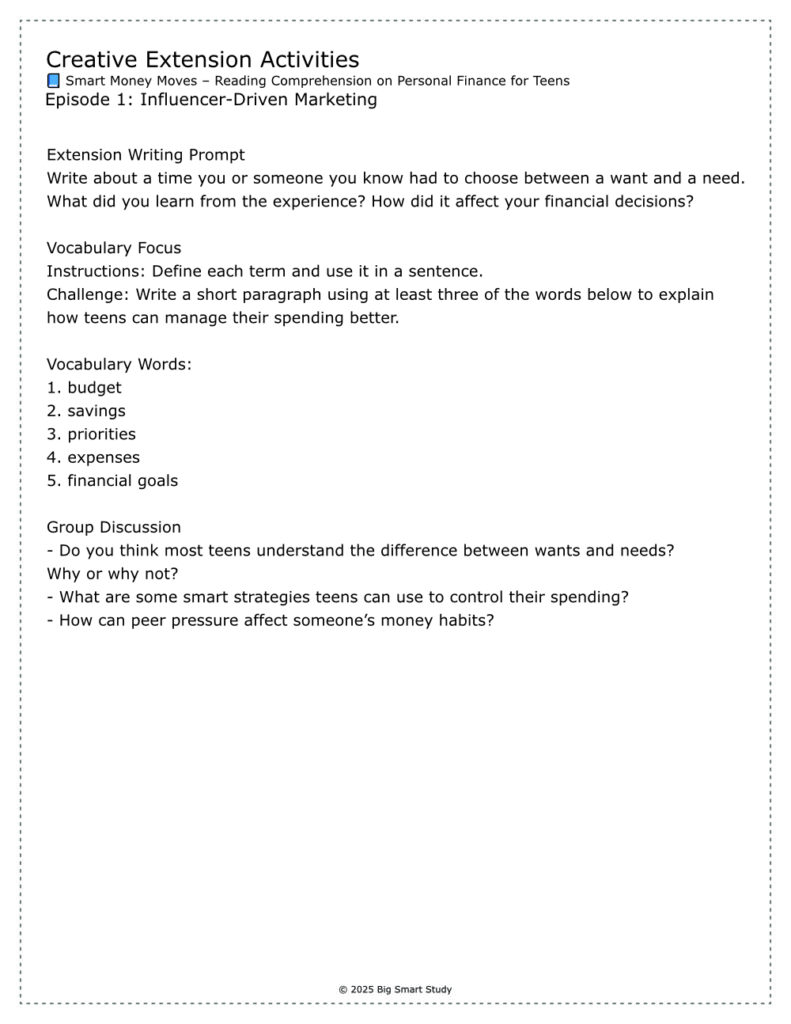 Personal Finance Reading Comprehension for Teens – Smart Money Choices ...