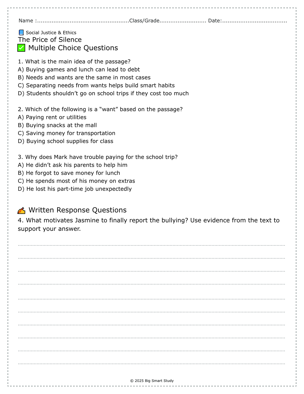 Social Justice & Ethics – Grade 9 Reading Comprehension & Text Evidence ...