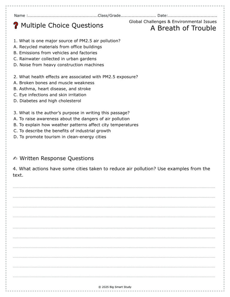 Grade 9 Reading Passages and Worksheets – Real-World Environmental ...