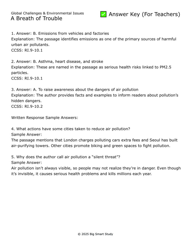 Grade 9 Reading Passages and Worksheets – Real-World Environmental ...