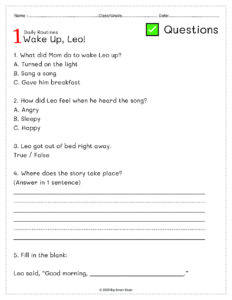 Daily Routines – Grade 1 Reading Comprehension Passages and Questions ...