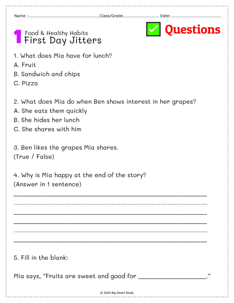 Healthy Habits Through Reading – Grade 1 Comprehension Worksheets – BIG ...
