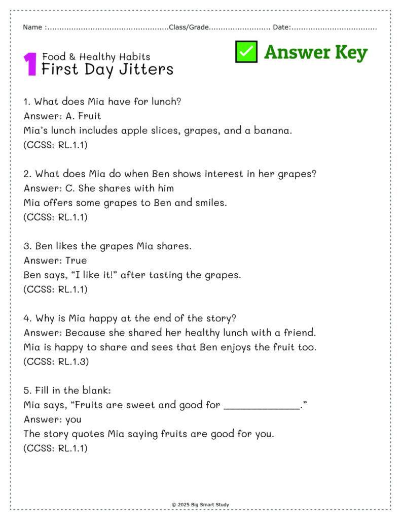 Healthy Habits Through Reading – Grade 1 Comprehension Worksheets – BIG ...